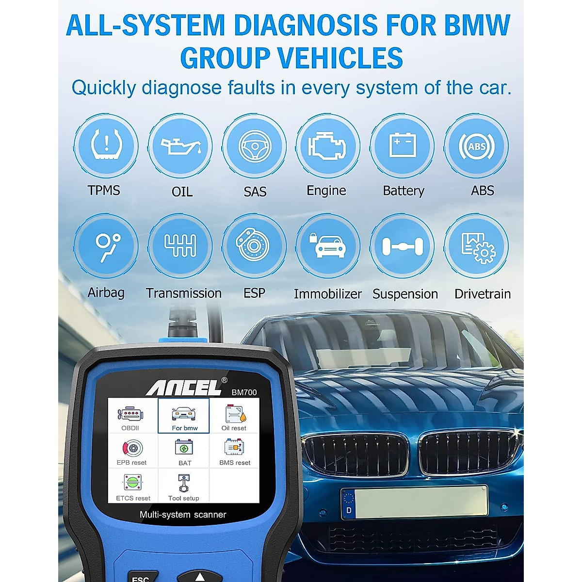 ANCEL BM700 Full Diagnostic Scan Tool Fit for BMW with Case, All Systems OBD2 Scanner Car Battery Registration Code Reader with ABS CBS Oil EPB SAS Fuel Pump Reset
