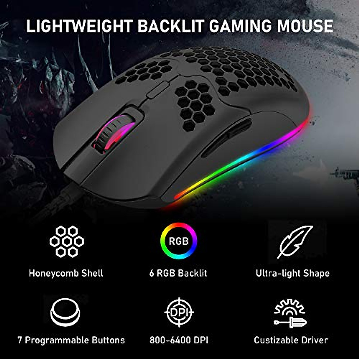 Wired Lightweight Gaming Mouse,6 RGB Backlit Mouse with 7 Buttons Programmable Driver,6400DPI Computer Mouse,Ultralight Honeycomb Shell Ultraweave Cable Compatible with PC Gamers,Xbox,PS4 (black)