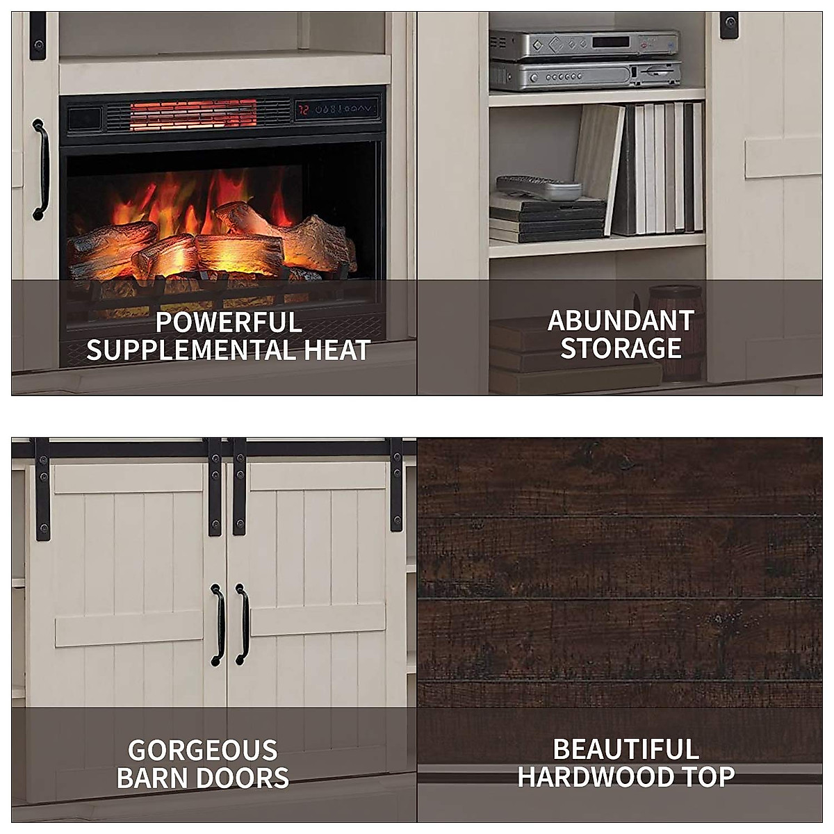 ClassicFlame Hogan 66" Farmhouse Fireplace TV Stand & 26" Electric Infrared Firebox with Log Set - Weathered White, 26MM90273-W476 & 26II042FGL