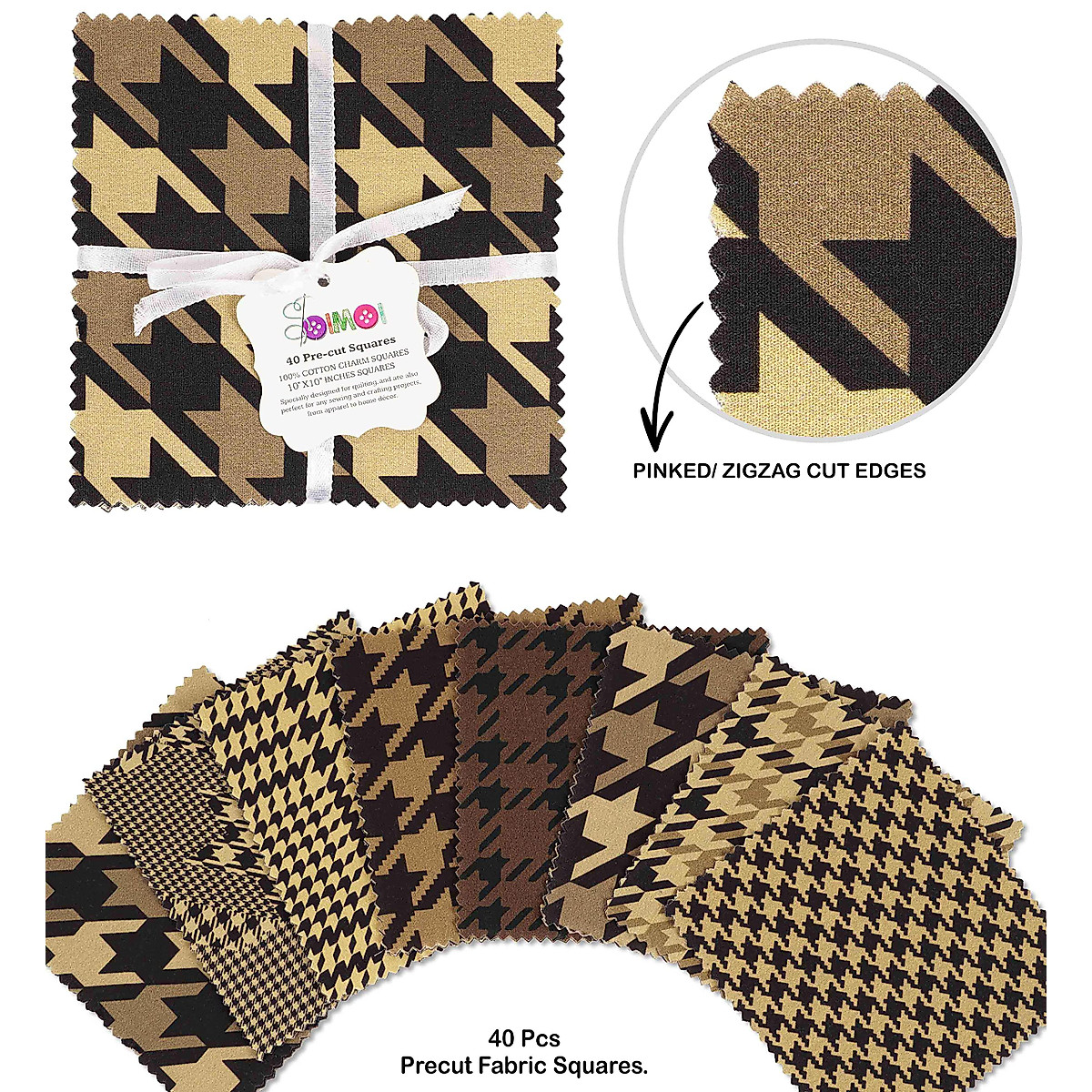 Soimoi Precut 10-inch Houndstooth Prints Cotton Fabric Bundle Quilting Squares Charm Pack DIY Patchwork Sewing Craft- Grey, Brown, Black