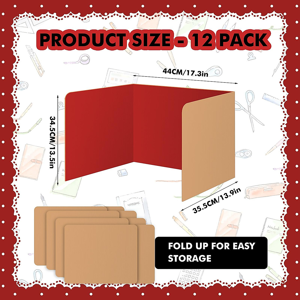 12 Pcs Privacy Folders for Students Red Desk Dividers Classroom Test Dividers Desks Privacy Panel Partitions Trifold Desk Dividers for School