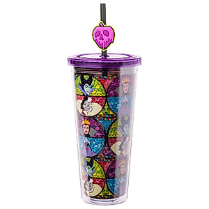Silver Buffalo Disney Villains Featuring Cruella de Vil, Maleficent, Ursula, and the Evil Queen Glitter Plastic Cold Cup with Lid and Straw Topper, 24 Ounces