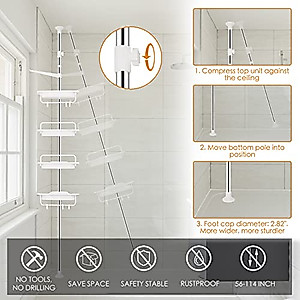 Rustproof Shower Caddy Corner, Shower Organizer with Tension Pole, 4 Tier Adjustable Shelves with Shower Storage, Stainless Shower Shelves, Drill Free Shower Rack, 56-114 Inch, White