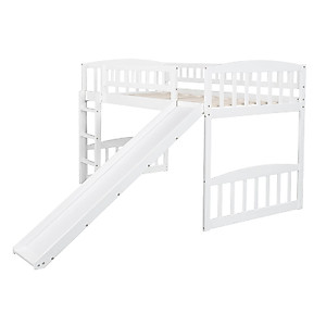 Harper & Bright Designs Kids Low Loft Bed with Slide, Twin Loft Beds for Kids, Wood Loft Bed Frame with Ladder for Boys and Girls, No Box Spring Needed, White