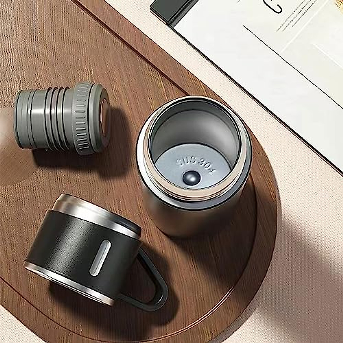 Insulated Water Bottle with Cup Travel Coffee Mug with Handle Stainless Steel Tumblers Thermos for Hot and Cold Drinks Water Flask 17 oz/500ml Black