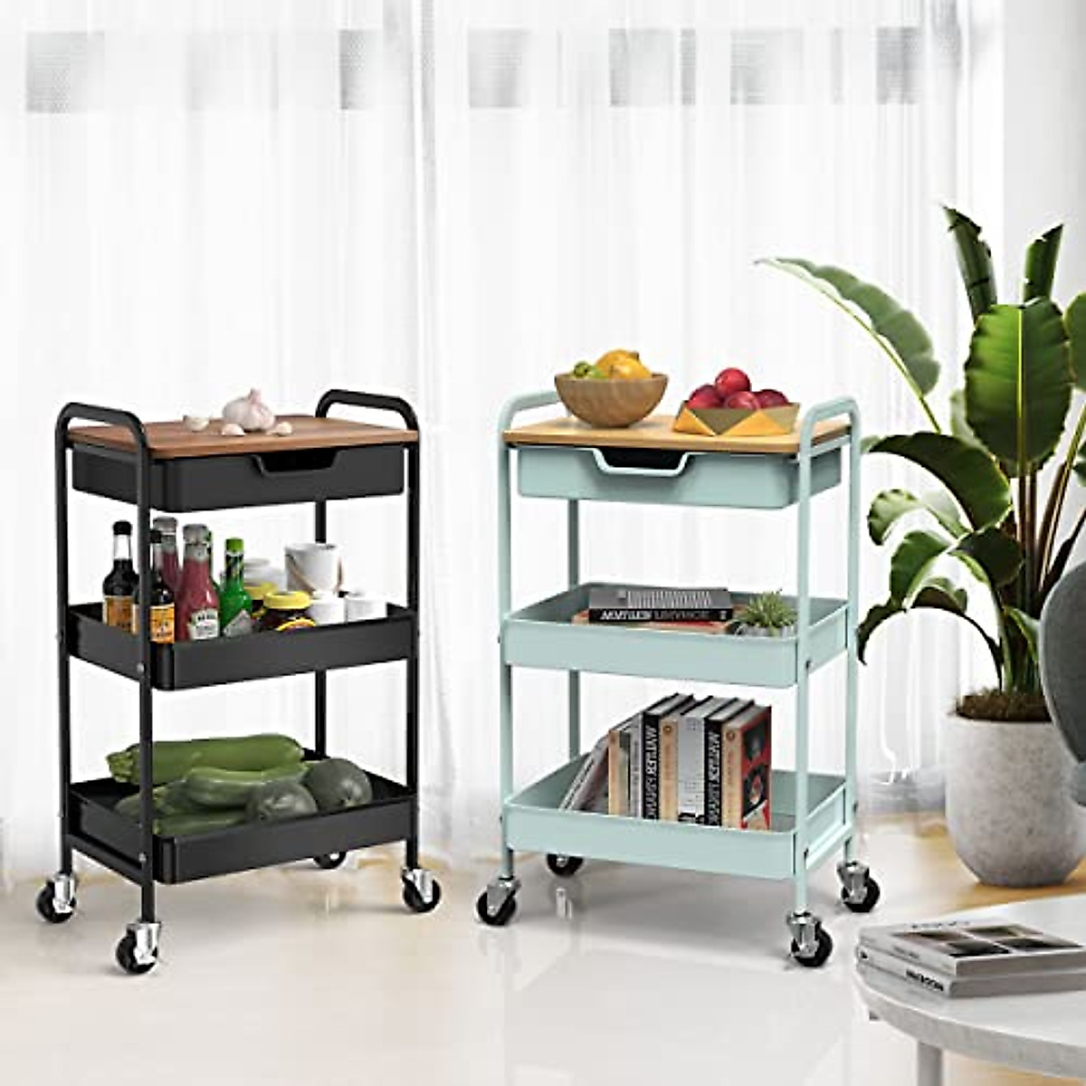 Aratan Utility Rolling Cart with Table Top, 3 Tier Metal Storage Cart with Drawer, Kitchen Organizer Cart with Handle and Locking Wheels for Bathroom Office Balcony Living Room (Light Green)