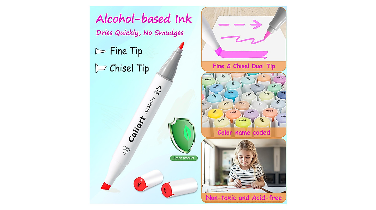 Caliart 100 Colors Alcohol Markers - Vibrant Dual Tip Set for Artists