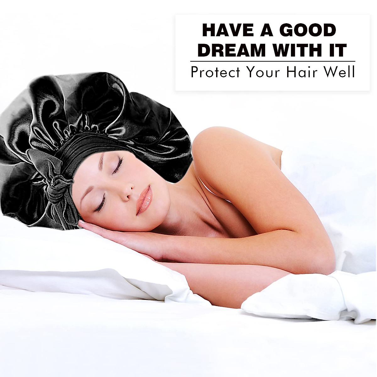 Women Satin Bonnet, Large Satin Bonnets for Braids Jumbo Size Silk Bonnet For Sleeping, Black Women Hair Bonnet with Stretchy Tie Band Sleep Bonnet Cap for Long Curly Hair Braid (Black & Leopard)