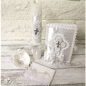 Elegant Handmade 5 Piece Silver Cross Embroider Lace Baptism Christening Shells Candle Set Favors Girl Boy White Set de Bautizo Espanol Nina Nino Baptism Communion Lace Gift Box