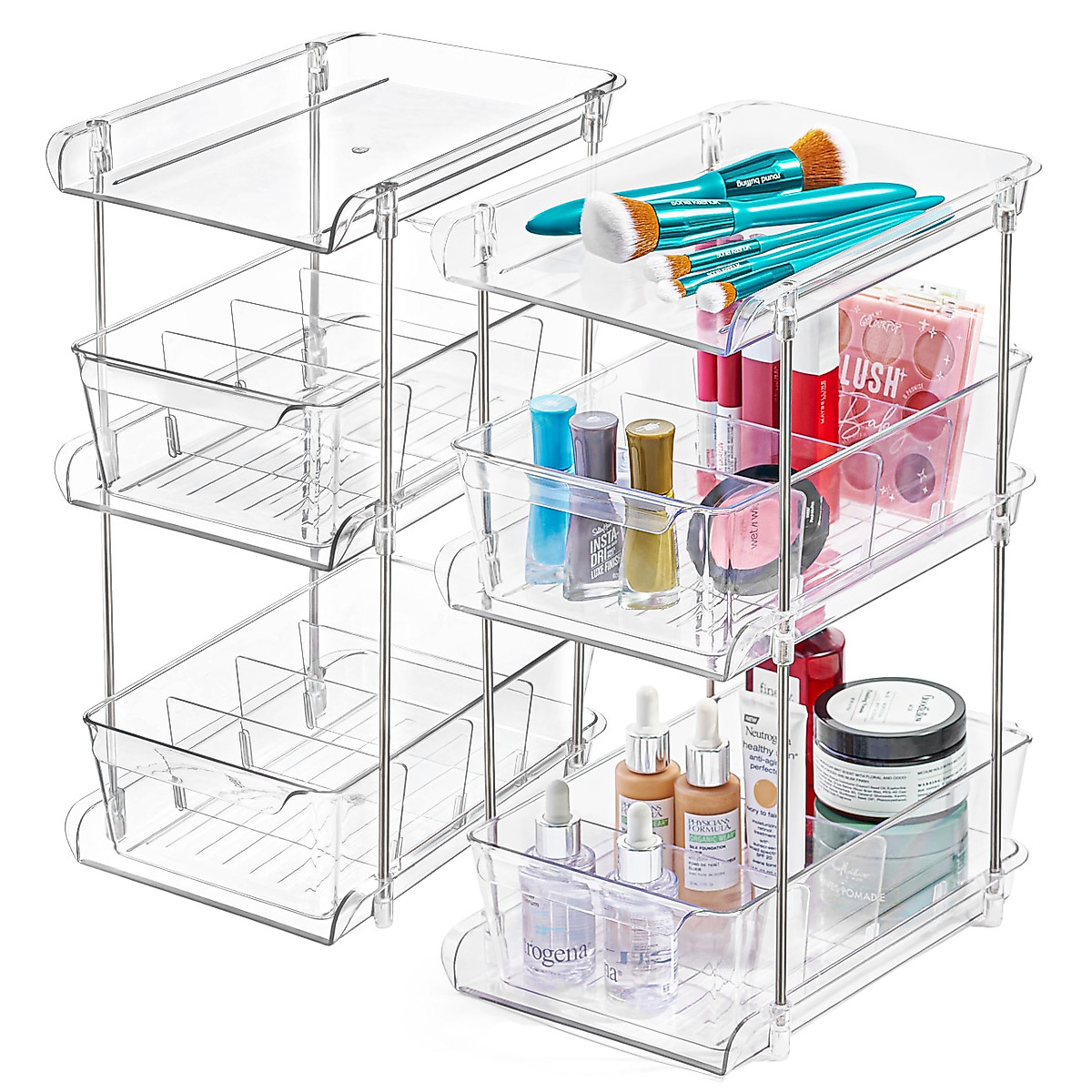 3 Tier Clear Under Bathroom Sink Organizer Pull Out Drawer | Bathroom Cabinet Organizer Under Sink | Under Vanity Organizer | Medicine Cabinet Storage | Bathroom Counter Organizer | (2 Pack)