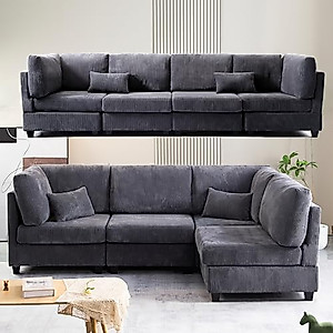 Deep Seat Reversible Modular Sofa with Movable Ottoman, Free Combinational Convertible Sectional Couch, Oversized Corner Sofa&Couches with Solid Wood Legs and Detachable Backrest for Living Room