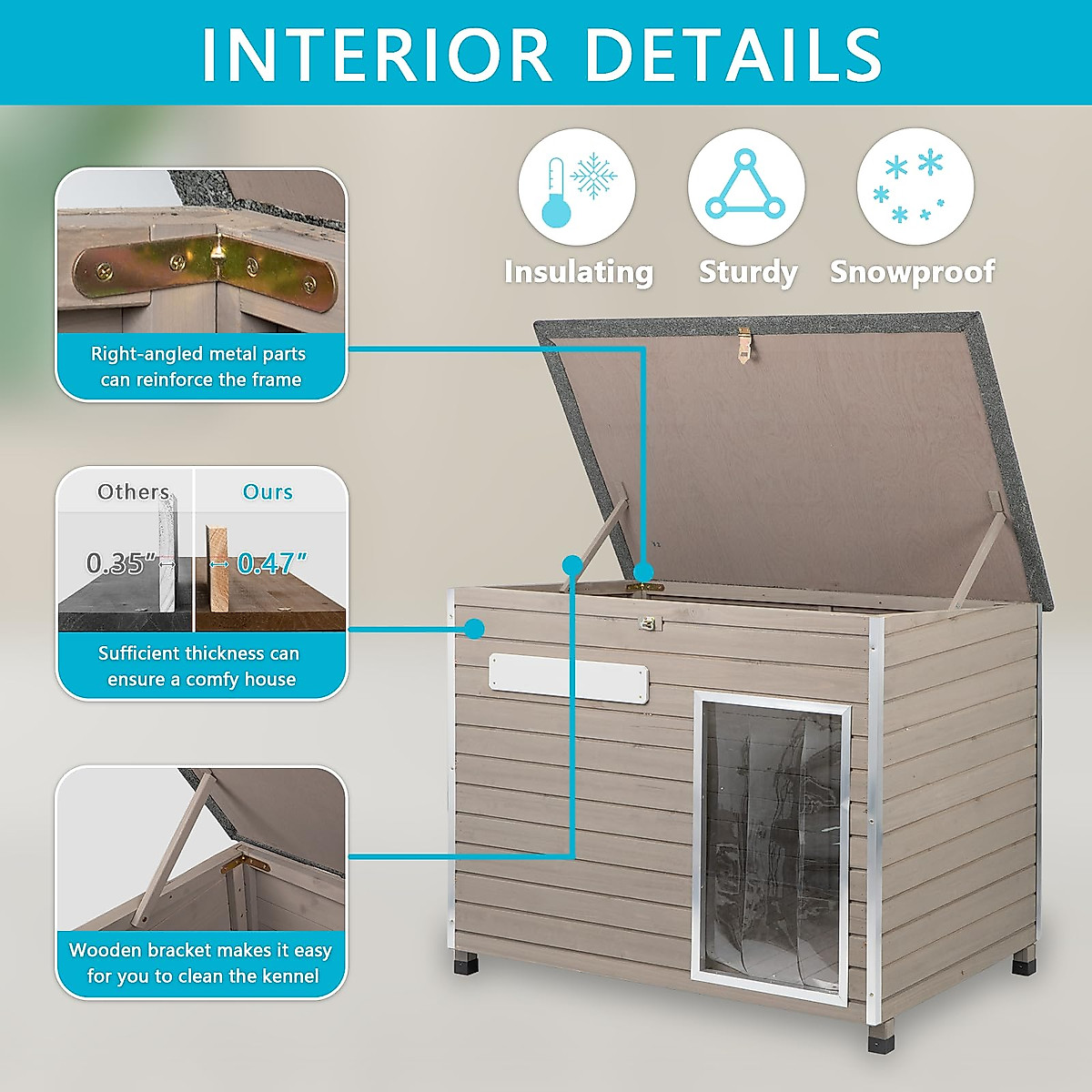 Gowoodhut Dog House Outdoor & Indoor Wooden Dog Kennel for Medium to Large Dogs,43.6" L Natural Fir Wood Dog Houses with Weatherproof Roof,Removable Floors,Raised Feet
