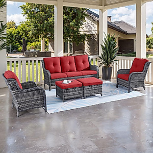HUMMUH Outdoor Furniture 5 Pieces Patio Furniture Set Wicker Outdoor Sectional Sofa with 2 Patio Chairs,Ottomans(Grey/Red)