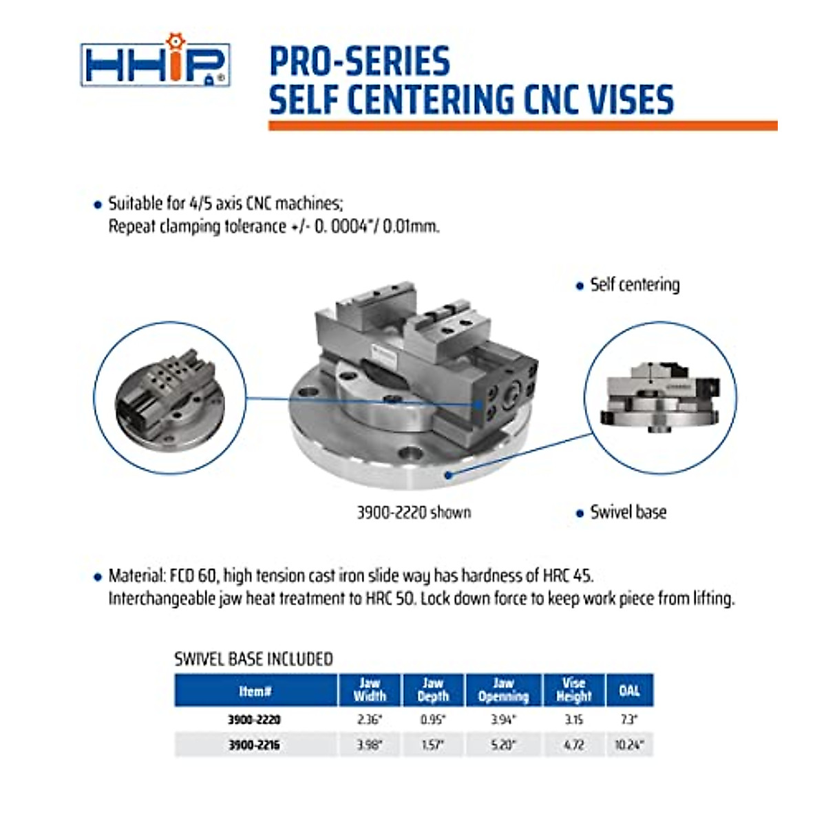 VERTEX 3900-2220 Self-Centering CNC Vise, 2"