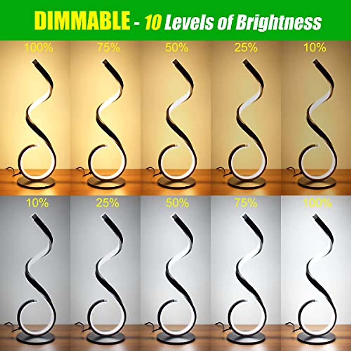 LENIVER Spiral LED Table Lamp, 10W 3 Colors Dimmable Modern Bedside Lamp, Unique Nightstand Lamps Desk Lamp Reading Light for Living Room, Bedroom, Office, Kids Room - Black