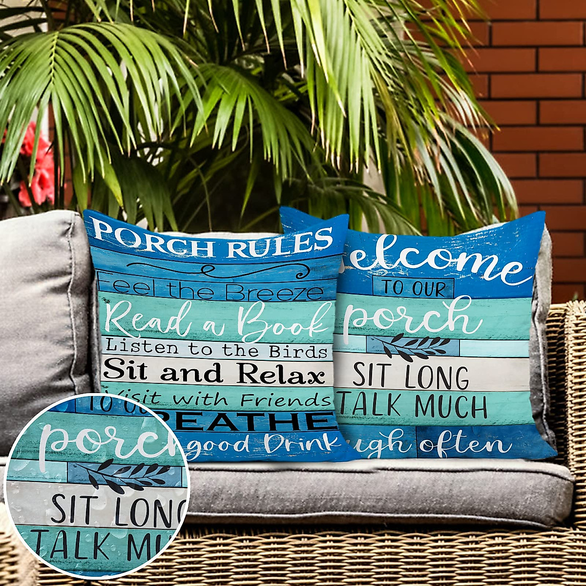 Jartinle Coastal Stripe Outdoor Pillows Covers 18x18 for Patio Furniture Waterproof, Welcome to Our Porch Throw Pillow Covers Square Linen for Couch Outside Bench Set of 2