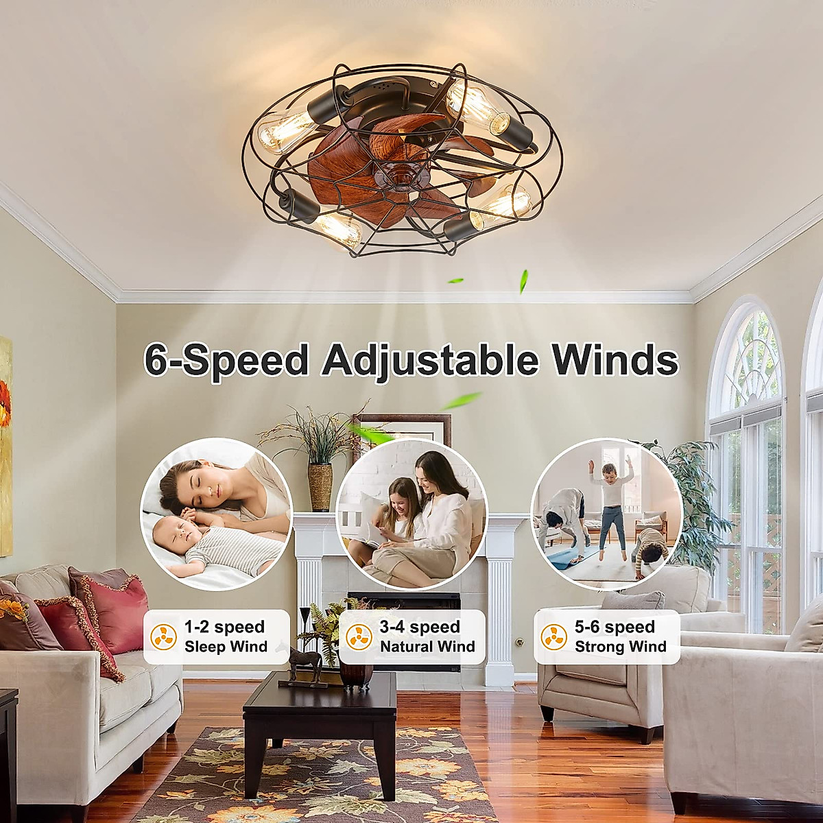 NERONDA 19.7" Caged Ceiling Fan with Light and Remote,Flush Mount Bladeless Ceiling Fan, Low Profile Caged Ceiling Fan,Small Industrial Black Ceiling Light Fixture,Reversible