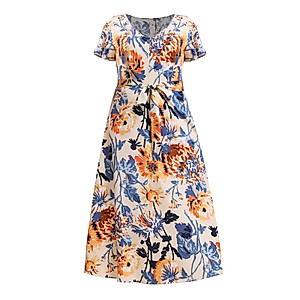 Casual Dresses for Women Plus Size Women's Plus Size Spring and Summer Round Neck Floral Print Decoration Ruffled Short