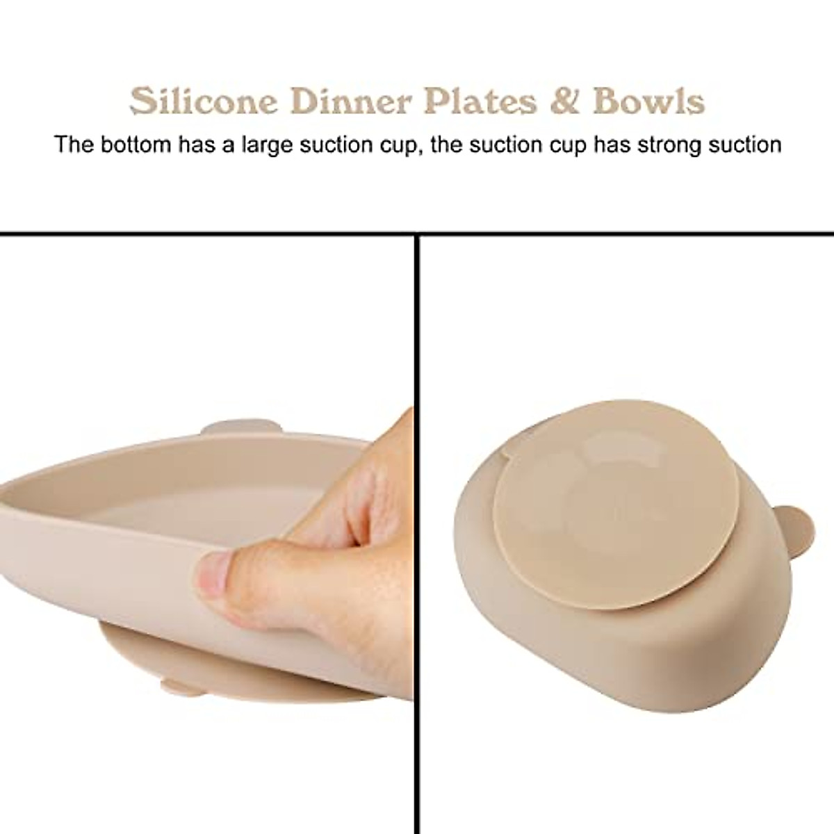 Silicone Baby Feeding Set,4 pcs Suction Plates for Baby,Divided Plates for Toddlers and Kids,Baby Spoon Fork Set for Toddlers,Silicone Plates for Kids (Beige)