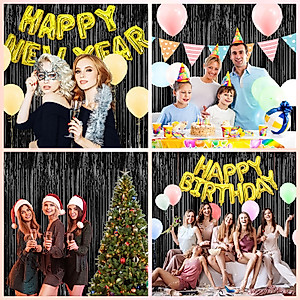 4-Pack Backdrop for Party Decorations, Foil Fringe Backdrop Curtains, Tinsel Streamers for Birthday Party Decorations, Black Tinsel Curtains for Halloween Bachelorette Prom Disco Hollywood Theme Party
