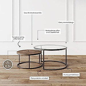 Nathan James Stella Round Modern Nesting Coffee Set of 2, Stacking Living Room Accent Tables, Rustic Oak/Gunmetal/Clear Glass