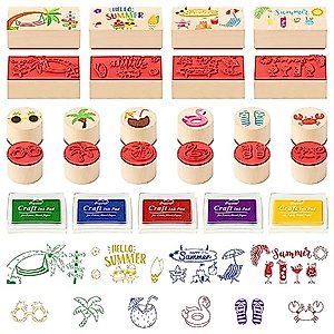 Haooryx 10pcs Summer Beach Theme Wooden Stamps with 5pcs Stamp Ink Pads Tropical Summer Time Decorative Stamping for Classroom Scrapbook Greeting Card Decor DIY Art Craft Supply Kid’s Birthday Gift