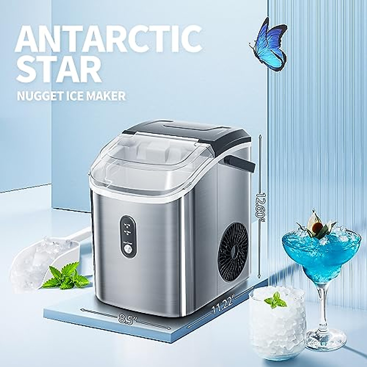 Nugget Countertop Ice Maker with Soft Chewable Ice, 34Lbs/24H, Pebble Portable Ice Machine with Ice Scoop, Self-Cleaning, One-Click Operation, for Kitchen,Office Stainless Steel Silver