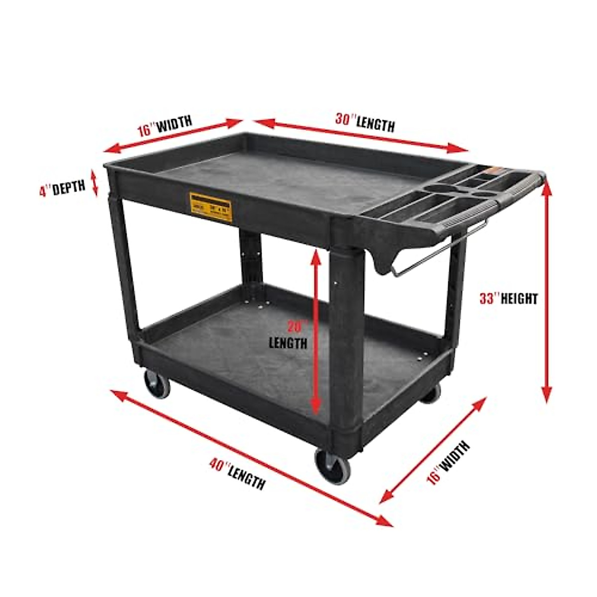 Utility Service Cart, 2-Shelf 500LBS Heavy Duty Plastic Rolling Utility Cart with 360° Swivel Wheels, Lipped Shelves, Ergonomic Storage Handle for Warehouse/Garage/Cleaning/Manufacturing