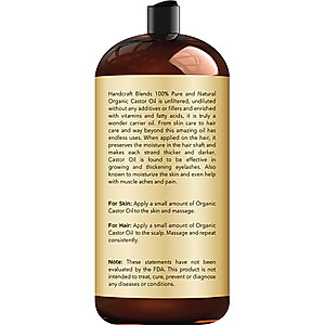 Handcraft Blends Organic Castor Oil - 28 Fl Oz - 100% Pure and Natural - Premium Grade Oil for Hair Growth, Eyelashes and Eyebrows - Carrier Oil - Hair & Body Oil - Expeller-Pressed