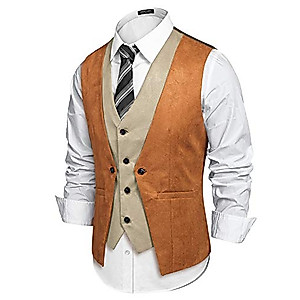 COOFANDY Men's Suede Leather Vest Layered Style Dress Vest Waistcoat, Rust, XX-Large