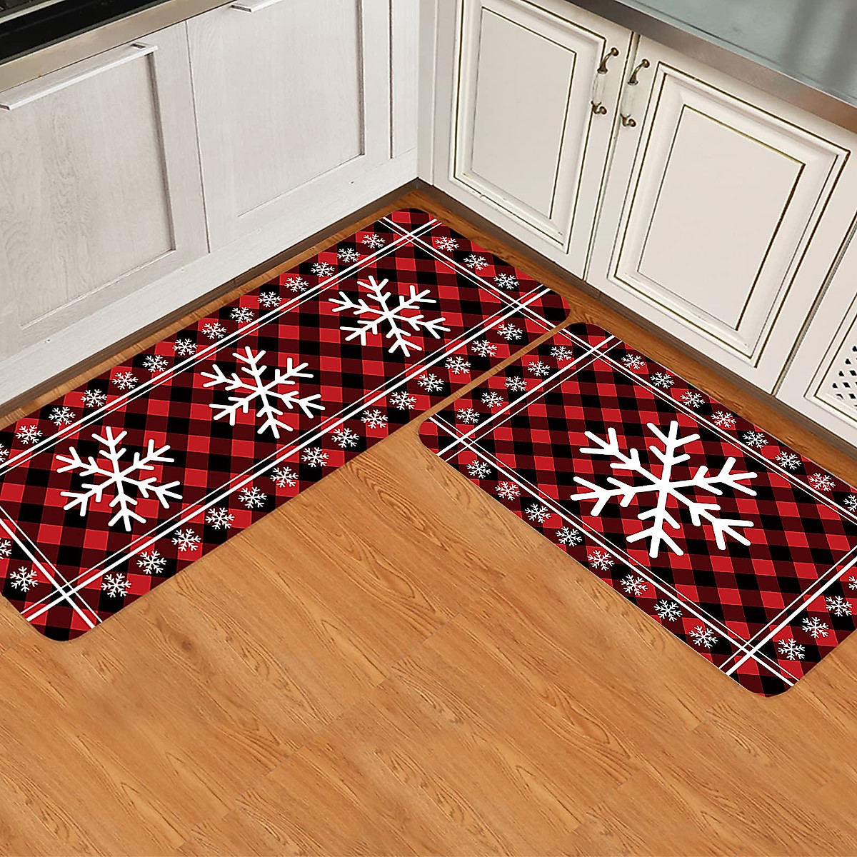Homeown Christmas Comfort Kitchen Rug Set 2 Piece, Non Slip Cushioned Floor Mat Christmas Snowflake Winter Absorbent Carpet for Laundry Bathroom Living Room 19.7x31.5in+19.7x47.2in Red Black Plaid