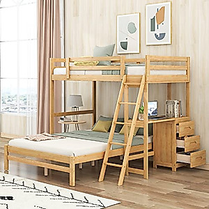 KoiHome Twin Over Full Bunk Bed with Built-in Desk and Three Drawers, Wood Bunk Bed with Full-Length Guardrail & Solid Slat Support for Kids,Teens Bedroom, No Box Spring Needed, Natural