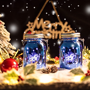 2 Pack Solar Lights Outdoor Decorative Lanterns Waterproof Solar Powered Glass Mason Jar with Color Changing LED Lights for Outdoor Garden Yard Lawn Tabletop Christmas Decorations, Blue