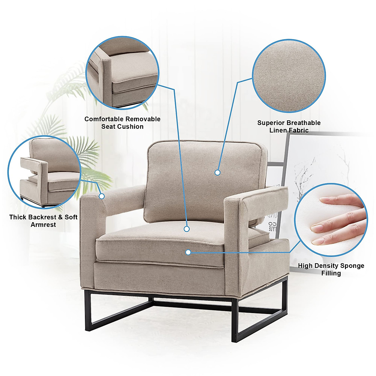 Alunaune Modern Accent Chair Living Room Chairs, Mid Century Armchair Upholstered Backrest Lounge Chair Removable Seat Cushion Sofa Reception Chair for Bedroom-Beige