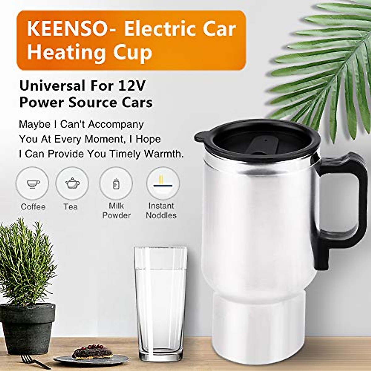 12V 450ml Electric Car Cup Travel Heating Cup,Stainless Steel Electric Insulated Plug Kettles Boiling Car Coffee Mug Heater with Cigarette Lighter,