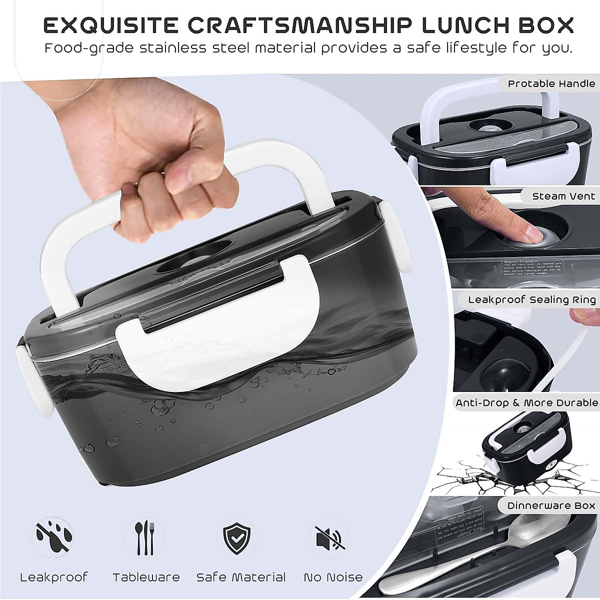 Electric Lunch Box Food Heater for Car Home Work, 12V 24V 110V 60W Faster Portable Food Warmer Heated Lunch Box for Adults, Removable 304 Stainless Steel Container 1.5L, Leak Proof, SS Fork & Spoon