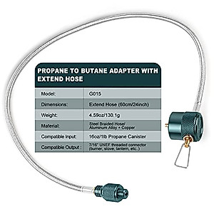 Jeebel Camp 24inch Propane to Butane Adapter Extension Hose 1L Propane Small Tank Input EN417 Lindal Valve Output with Adjustable On/Off Switch
