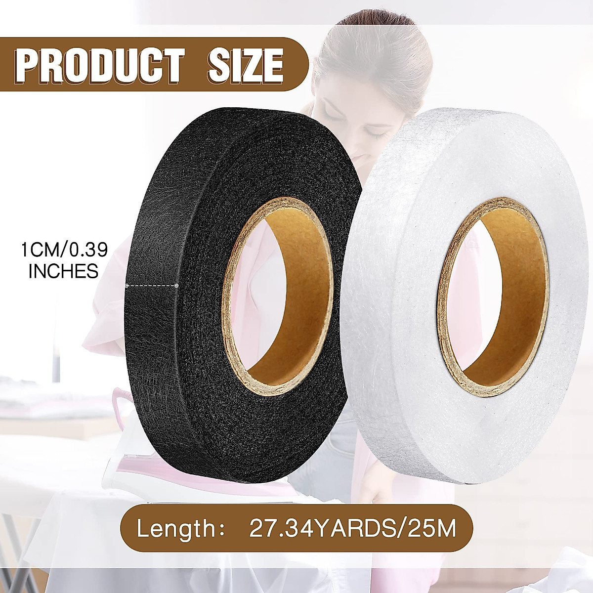 Outus Iron on Hem Tape Fabric Fusing Hemming Tape Wonder Web Adhesive Hem Tape for Pants Each 27 Yards, 2 Pack (Black, White, 3/8 Inch)
