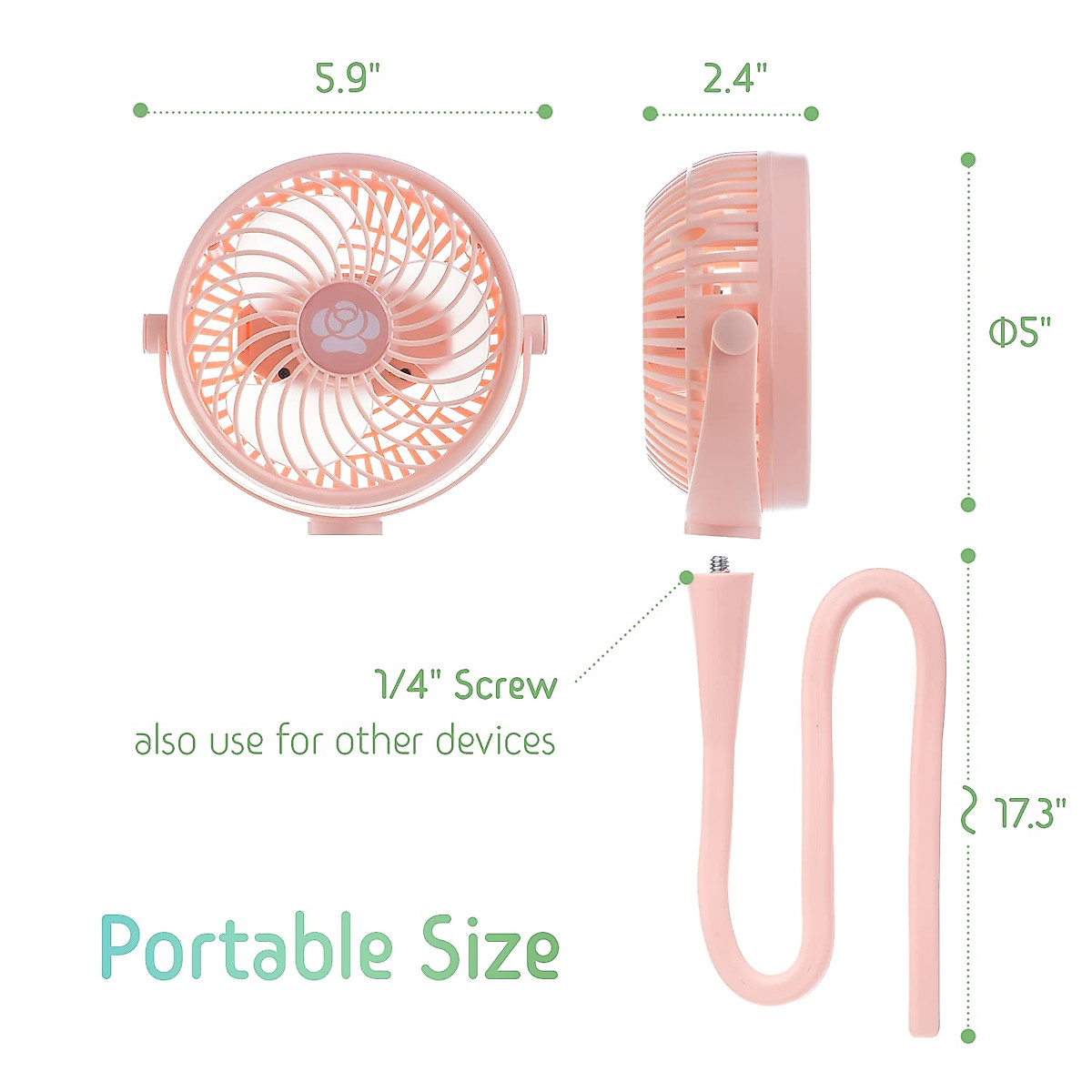 5 Inch Baby Fan,Stroller Fan clip on for baby with Flexible Monopod, USB or Battery Powered Rechargeable Fan,Mini Portable Fan for Car Seat Crib Bike Treadmill Travel,360 Rotation