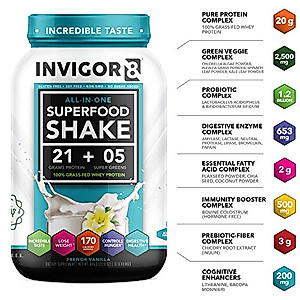 INVIGOR8 Superfood Protein Shake with Immunity Boosters - Gluten-Free Non GMO Meal Replacement Shake with Probiotics and Omega 3 (645 Grams) (French Vanilla)