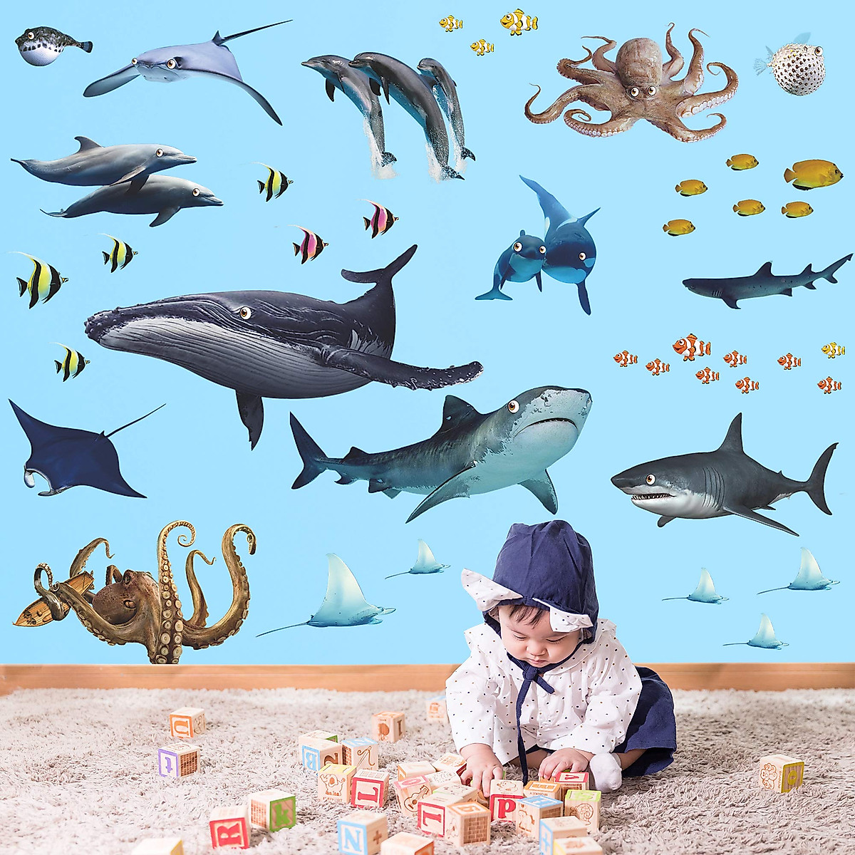 Removable 3D Removable Under The Sea Fish Wall Sticker DIY Ocean Animals Wall Decals Whale, Shark, Squid Wall Decor Peel and Stick Art for Kids Room Baby Bedroom Nursery Boy and Girls