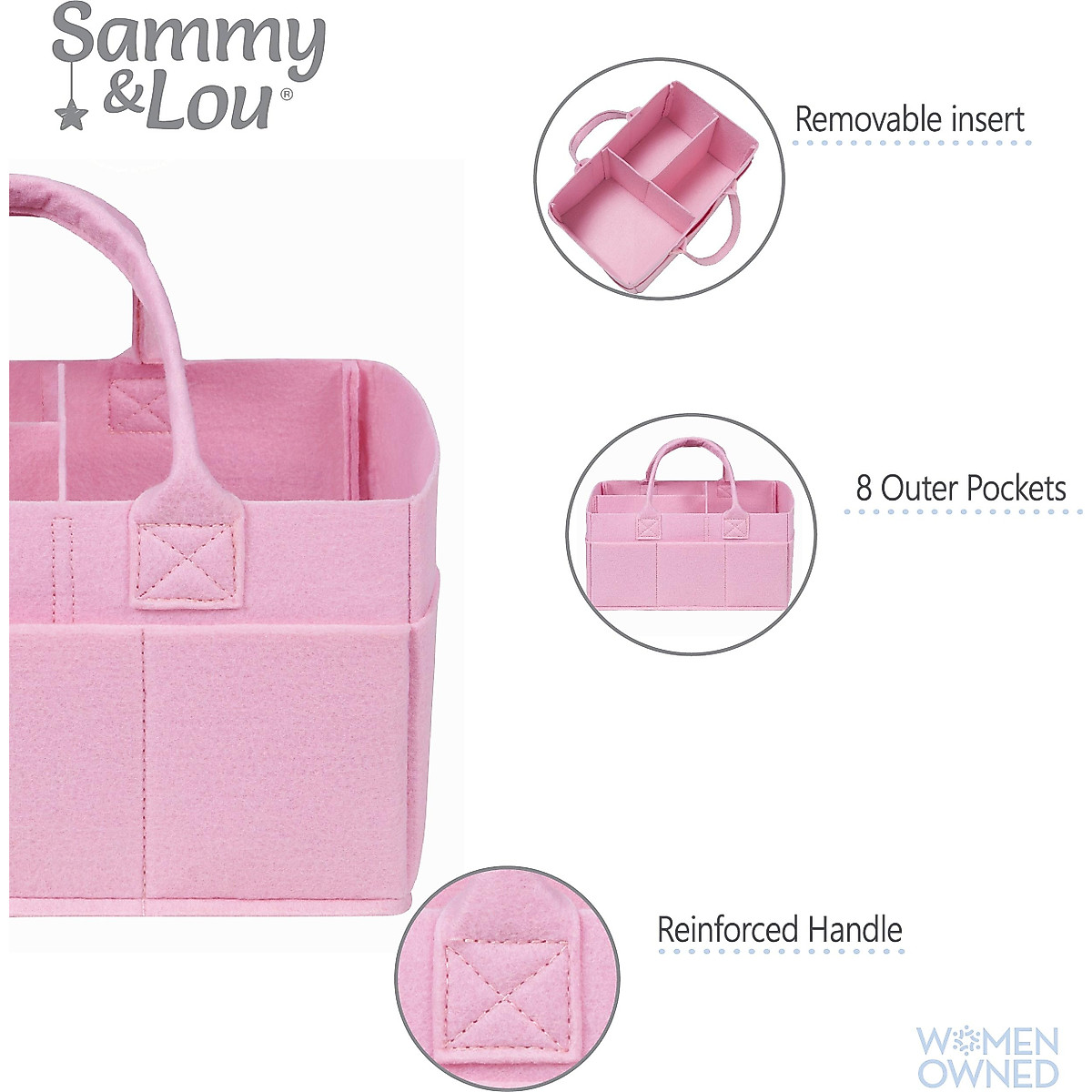Sammy & Lou Diaper Caddy Organizer - Collapsible Tote Bag with Handles - Organizer for Diapers, Wipes & Baby Changing Supplies - Felt Storage Organizing Bin for Car, Desk, Nursery (Pink)