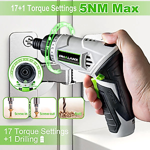 PHALANX Cordless Power Screwdriver, 4V Electric Screwdriver Rechargeable Set with 17+1 Torque Settings & Flashlight, Max 5N.m, Power Screwdriver with 30 Pcs Bits, Small Screw Gun for Furniture/Desktop