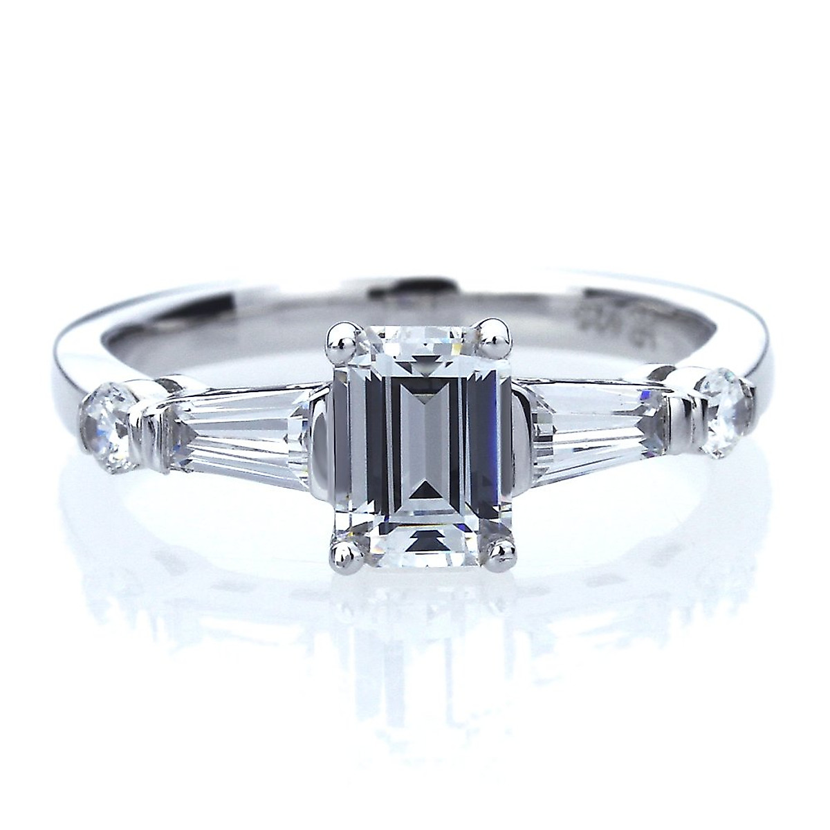 DoubleAccent Platinum Plated Sterling Silver Ring 1 CT Emerald Cut CZ Stone with Baguette Wedding Engagement Ring (Size 5 to 9), 6
