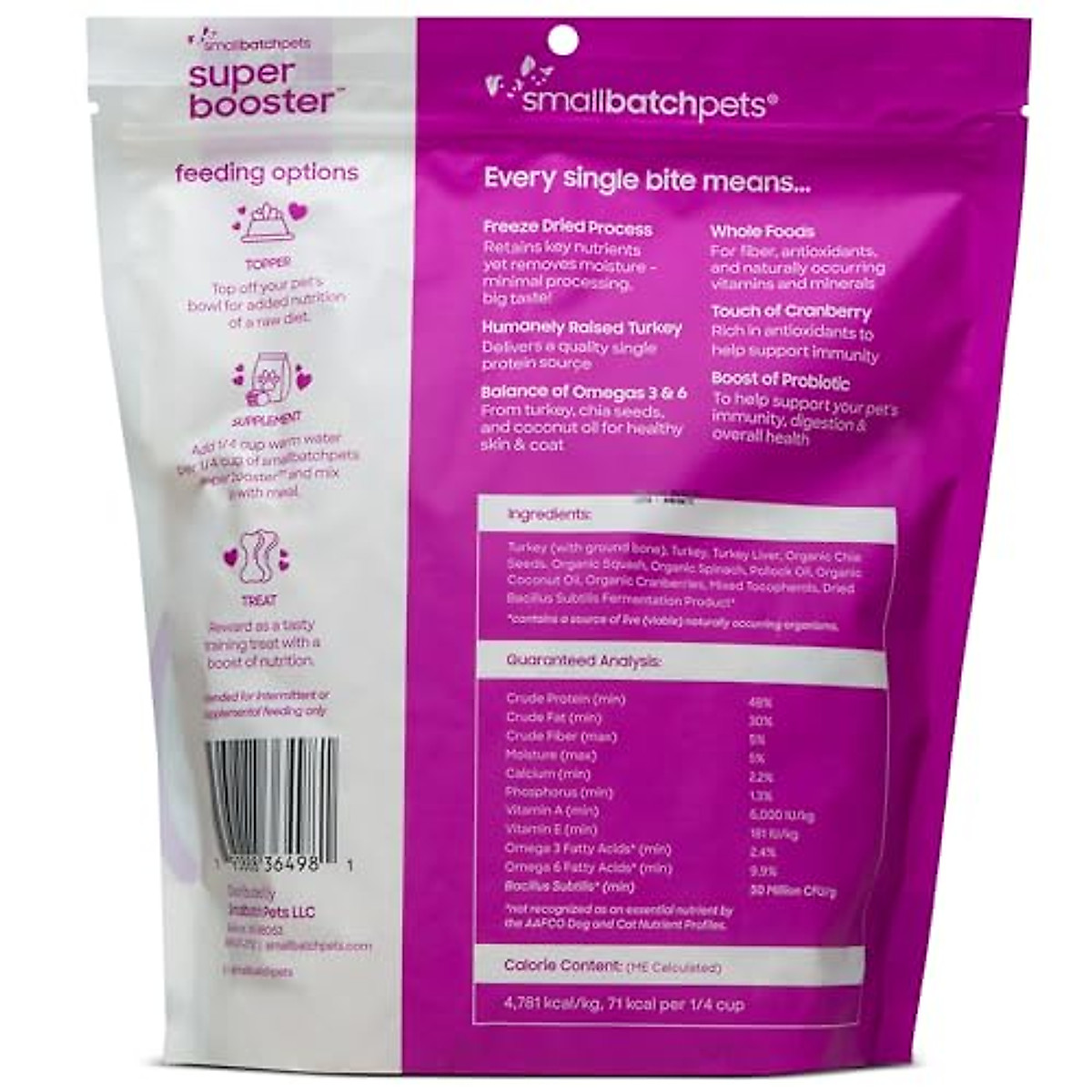 smallbatch Pets Freeze-Dried Super Booster Turkey Bites for Dogs & Cats, 18 oz, Made in The USA, Humanely Raised Single Protein Source, Topper & Treat, with Organic Vegetables and Probiotics