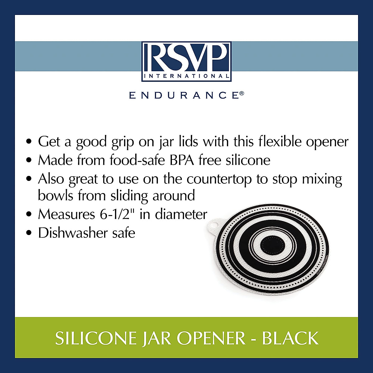 RSVP International Silicone Multi-Purpose Kitchen Tool Jar Opener/Non Skid Pad for Mixing Bowls, 6.5" Round, Black