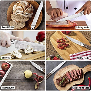 21 Packs Knife Set with Block, 2023 Kitchen Knife Set Sharpener Rod & Finger Guard, Germany High Carbon Stainless Steel Chef Knife Block Set, Ultra Sharp Forged, Brown