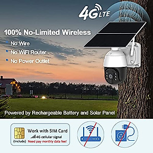 4G LTE Cellular Solar Security Cameras Wireless Outdoor Battery Powered No WiFi, PTZ Video Surveillance Camera for Home Security, Color Night Vision, 2 Way Talk, Motion Detection, Phone App Alerts