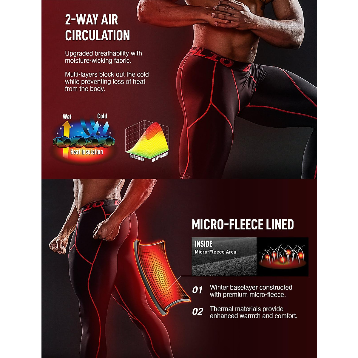 ATHLIO Men's Thermal Compression Pants, Athletic Running Tights & Sports Leggings, Wintergear Base Layer Bottoms, 3pack Thermal Pants Black/Black & Red/Charcoal, X-Large