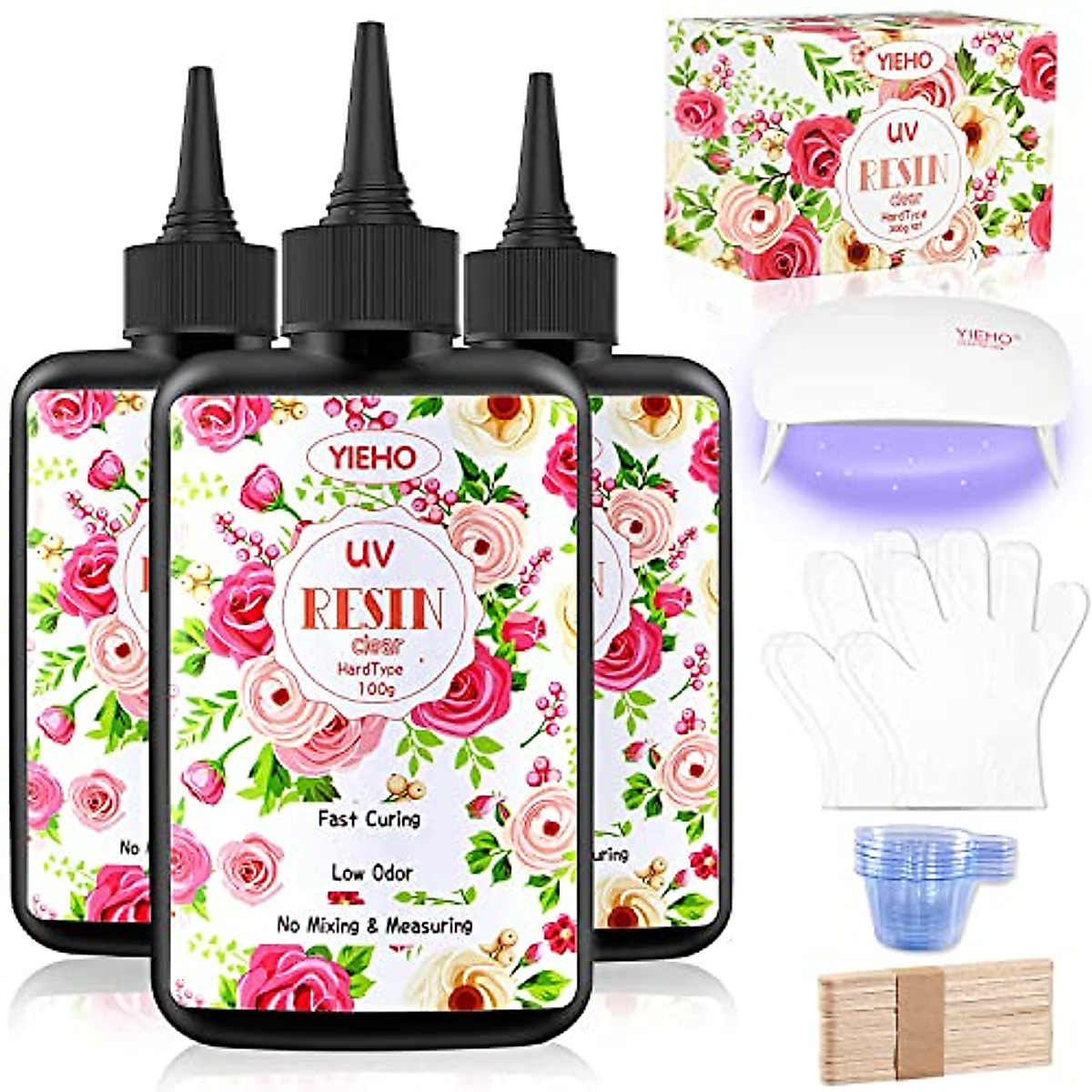 YIEHO 300g UV Resin Kit with Light-Upgraded Crystal Clear Hard UV Curing Premixed Epoxy Resin Starter Supplies for Art Craft Beginner Jewelry Making with Lamp